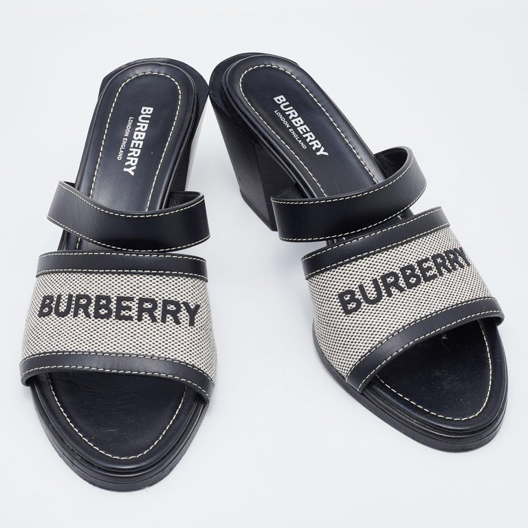 Burberry Grey/Black Canvas and Leather Honour Heel Slide Sandals Size ...