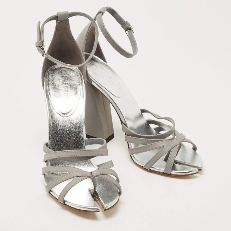 Burberry Grey Leather Hove Heel Ankle Strap Sandals Size 39 For Sale at ...