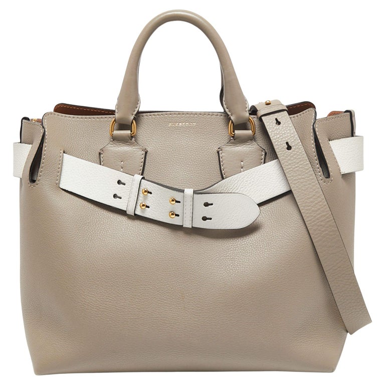 Burberry Grey/White Grained Leather Medium Belt Tote For Sale at 1stDibs