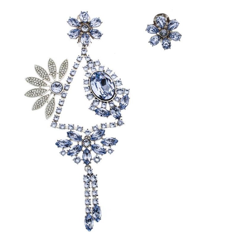 Burberry Half Daisy Crystal Silver Tone Clip-on Asymmetric Stud Drop ...