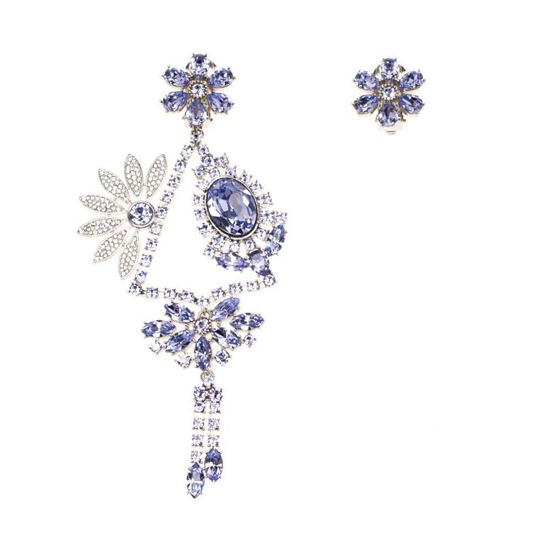 Burberry Half Daisy Crystal Silver Tone Clip-on Asymmetric Stud Drop ...