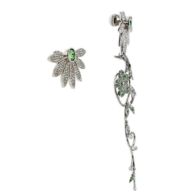 Burberry Half Daisy Crystal Silver Tone Clip-on Asymmetric Stud Drop ...