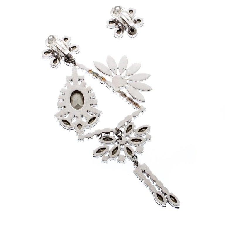 Burberry Half Daisy Crystal Silver Tone Clip-on Asymmetric Stud Drop ...