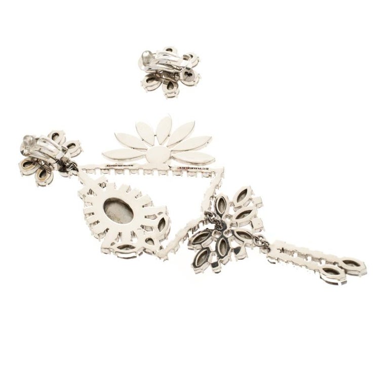 Burberry Half Daisy Crystal Silver Tone Clip-on Asymmetric Stud Drop ...