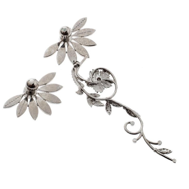 Burberry Half Daisy Crystal Silver Tone Clip-on Asymmetric Stud Drop ...