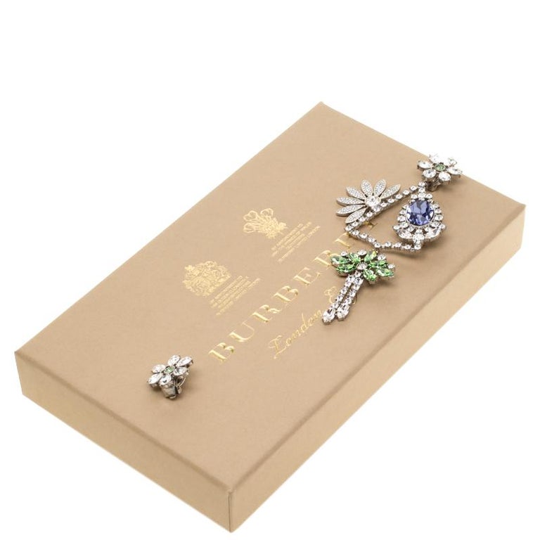 Burberry Half Daisy Crystal Silver Tone Clip-on Asymmetric Stud Drop ...