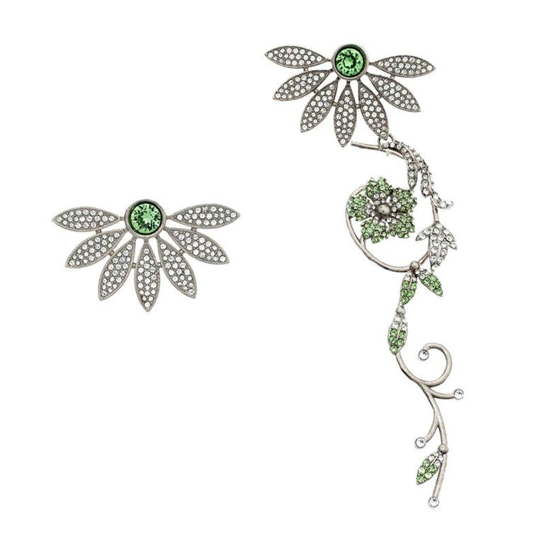 Burberry Half Daisy Crystal Silver Tone Clip-on Asymmetric Stud Drop ...