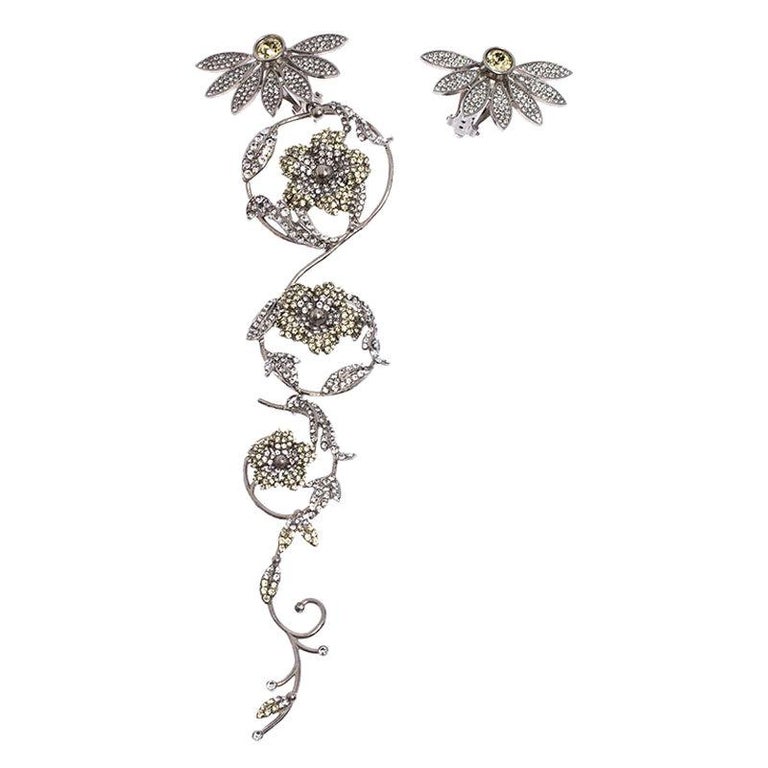 Burberry Half Daisy Crystal Silver Tone Clip-on Asymmetric Stud Drop ...