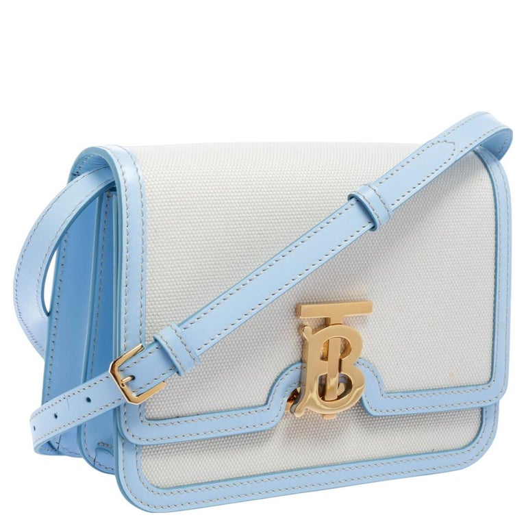 Burberry Light Blue/Cream Canvas and Leather TB Shoulder Bag at 1stDibs