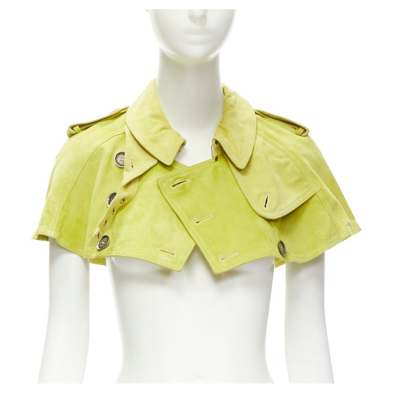 BURBERRY lime yellow suede leather cropped double breasted capelet IT38 ...