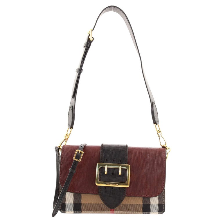 Burberry Madison Buckle Flap Bag House Check Canvas and Leather Small ...