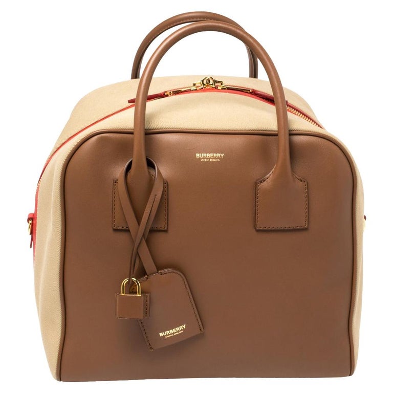 Burberry Malt Brown Leather and Canvas Medium Bowling Bag at 1stDibs