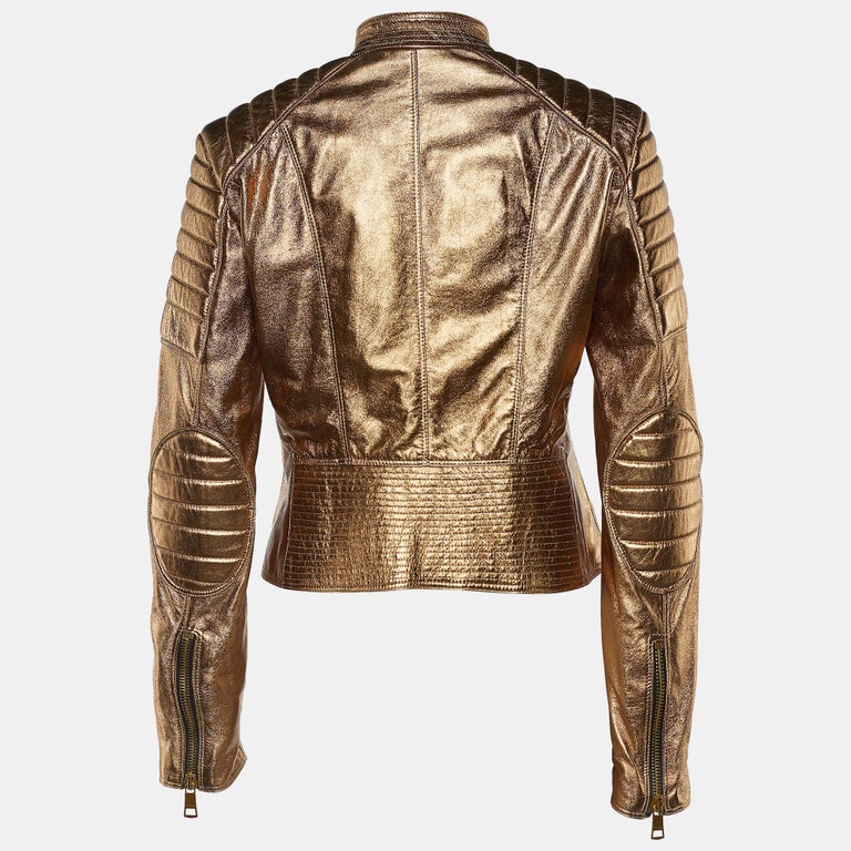 Burberry Metallic Gold Leather Zip Front Jacket M at 1stDibs