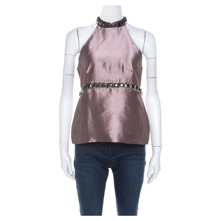 Burberry Metallic Purple Silk Blend Stud Embellished Halter Neck Top S ...