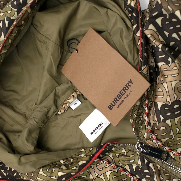 Burberry Monogram Print Nylon Hooded Jacket in Khaki Green EU 48 at ...