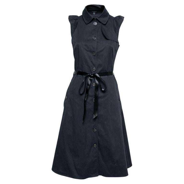Burberry Navy Blue Cotton Button Front Belted Ruffle Cap Sleeve Dress M ...