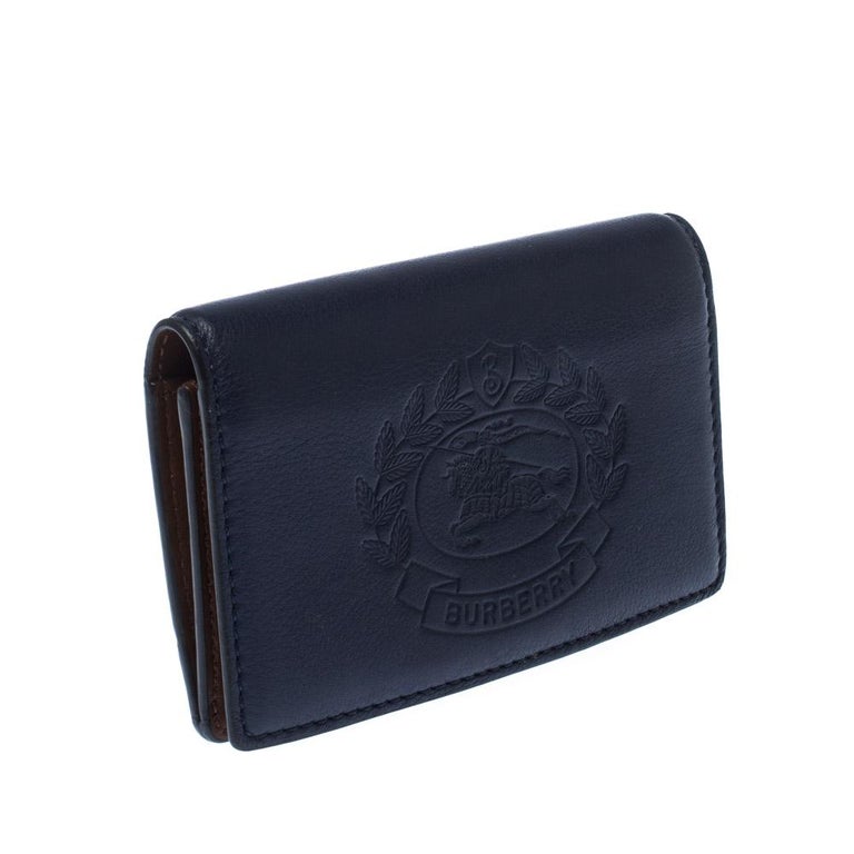 Burberry Navy Blue Embossed Crest Leather Bifold Wallet For Sale at 1stDibs