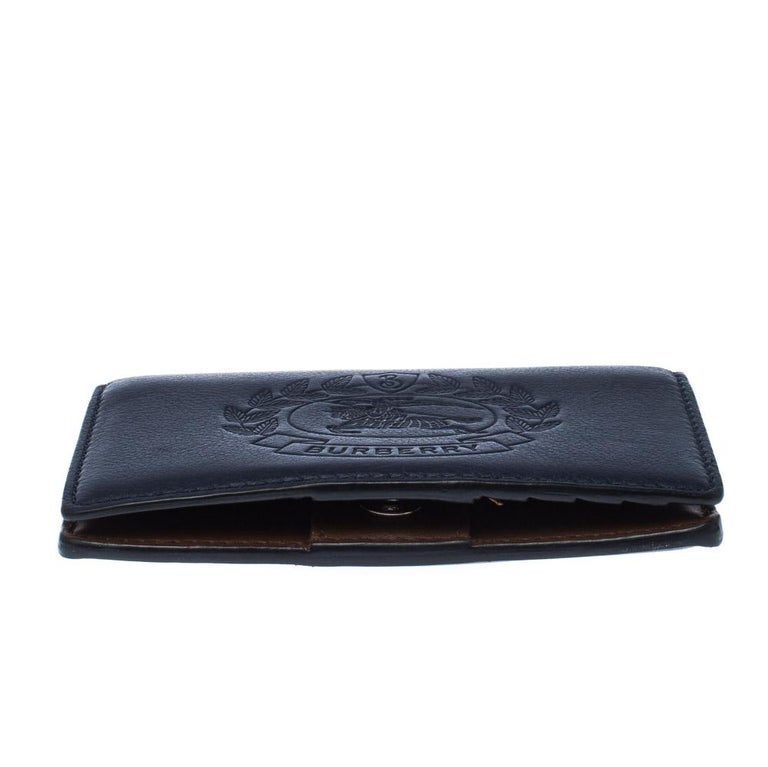 Burberry Navy Blue Embossed Crest Leather Bifold Wallet For Sale at 1stDibs