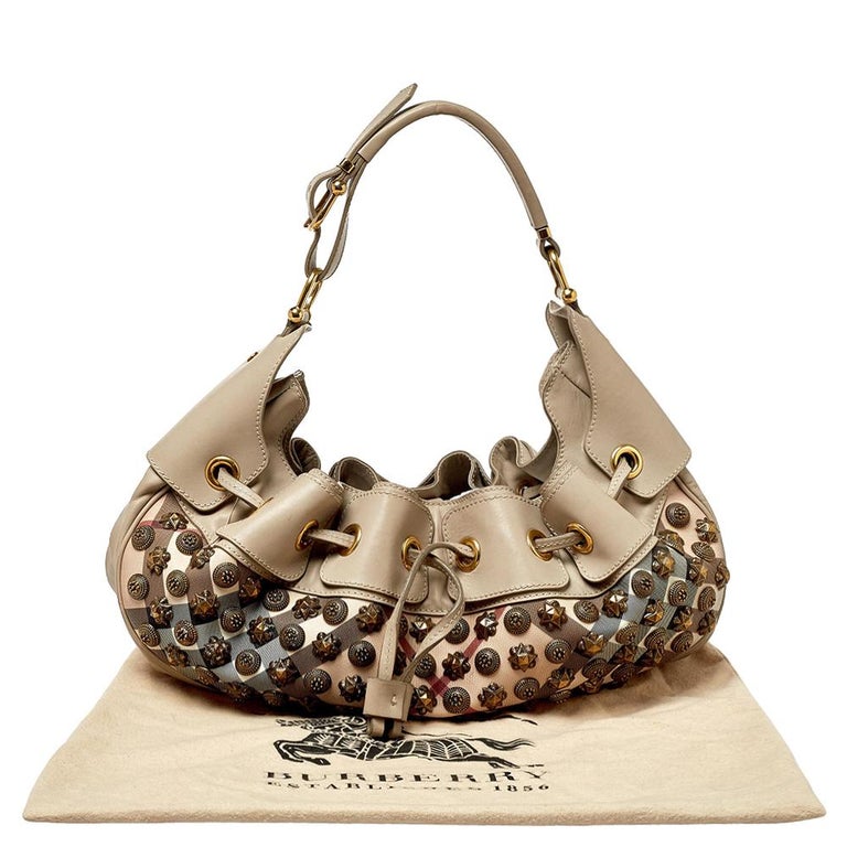 Burberry Prorsum Beige Leather and Canvas Studded Mason Warrior Hobo ...