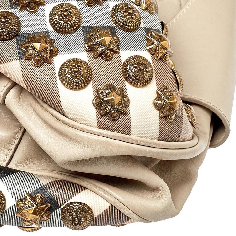 Burberry Prorsum Beige Leather and Canvas Studded Mason Warrior Hobo ...