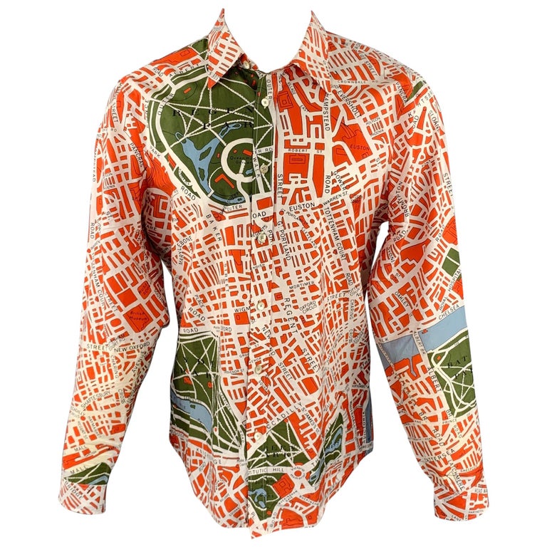 BURBERRY PRORSUM Fall 2014 L Orange London Map Print Cotton Long Sleeve ...