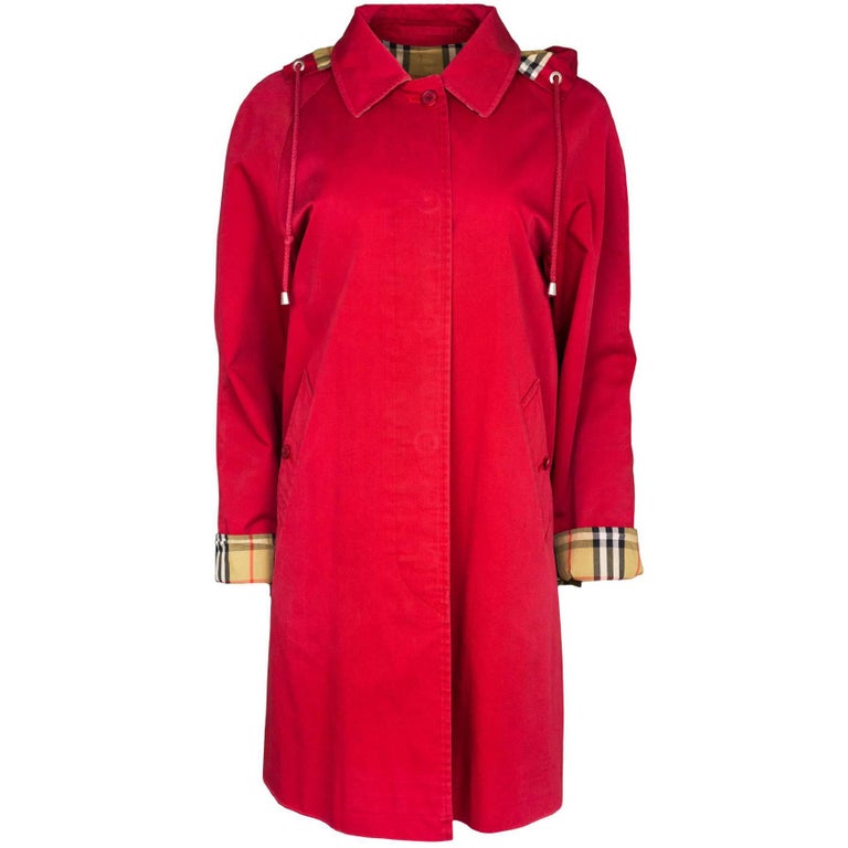 Burberry Red Hooded Raincoat Coat Sz 4 For Sale at 1stDibs