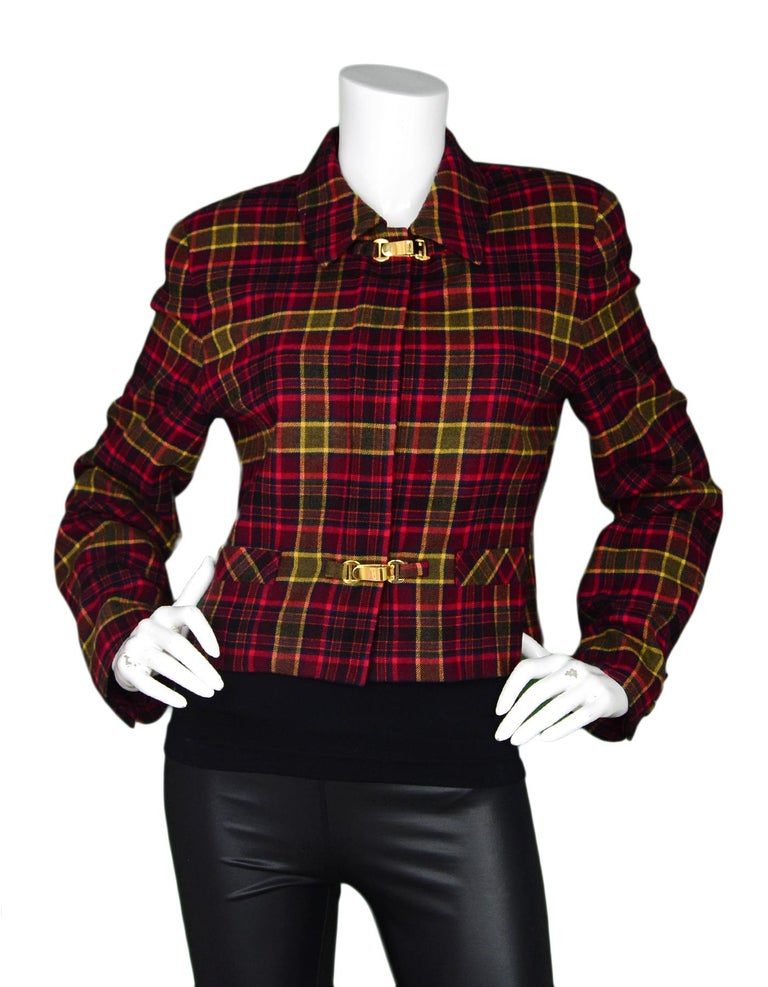 Burberry Red Plaid Tartan Zip Up Jacket/Blazer Sz 10 For Sale at 1stDibs