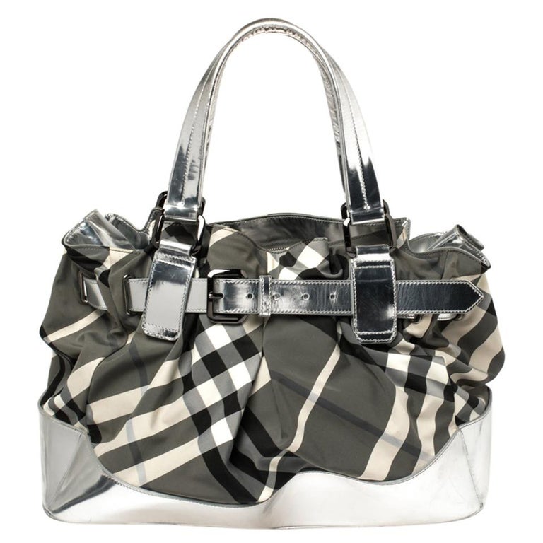 Burberry Silver Beat Check Nylon and Patent Leather Buckle Tote at 1stDibs