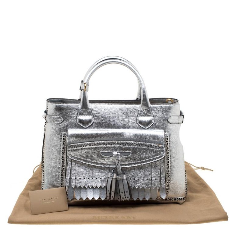 Burberry Silver Leather Medium Brogue Banner Tote For Sale at 1stDibs