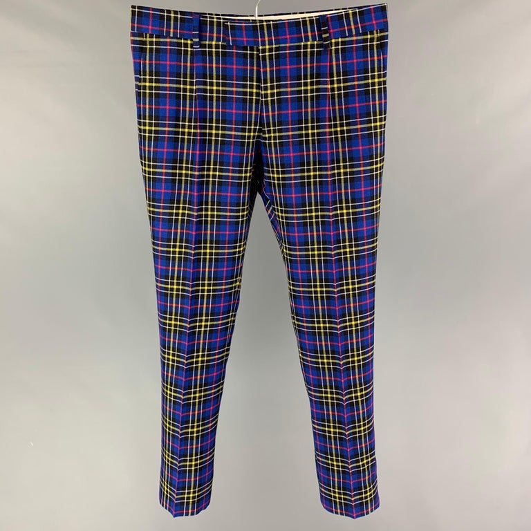 BURBERRY Size 34 Blue Multi-Color Plaid Wool Zip Fly Dress Pants For ...