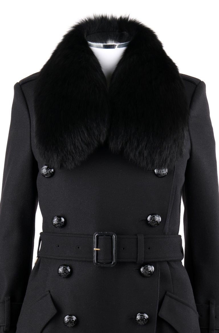 BURBERRY "Walgrave" Black Fox Fur Collar Double Breasted Belted Peacoat ...