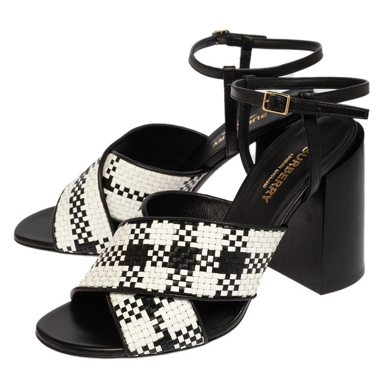 Burberry White/Black Woven Leather Block Heel Sandals Size 37.5 For ...