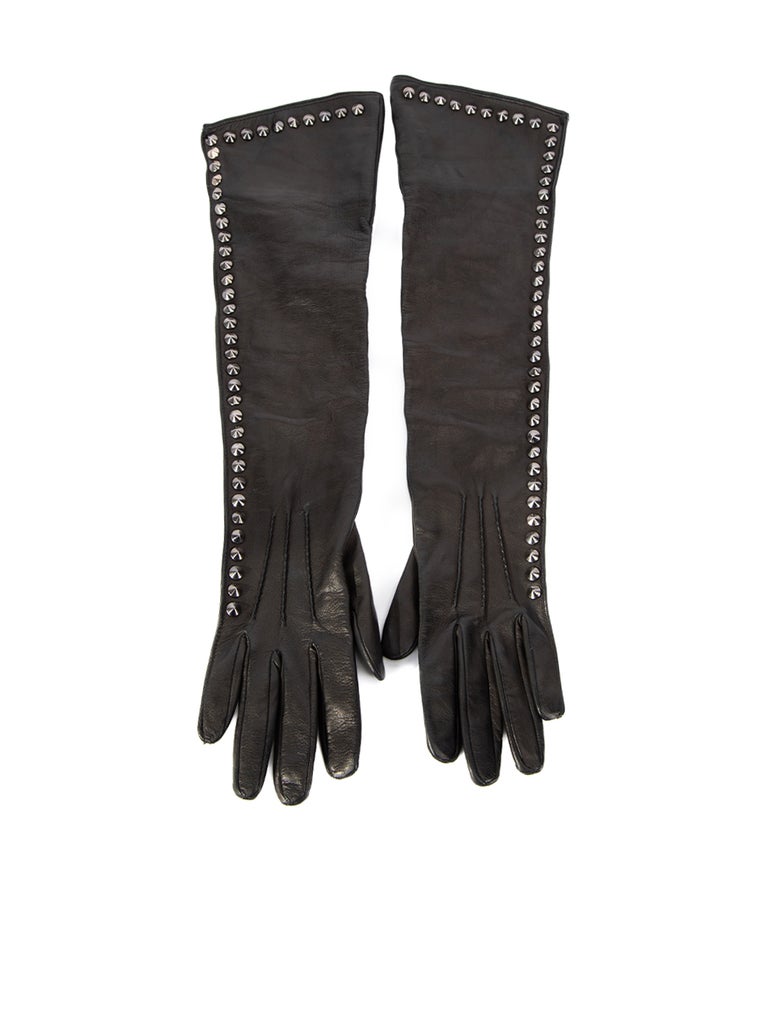 Burberry Women's Black Leather Studded Elbow Gloves For Sale at 1stDibs