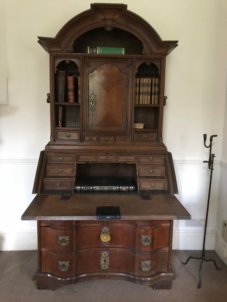 Bureau Bookcase Oak German Serpentine Front Original Brassware Working ...
