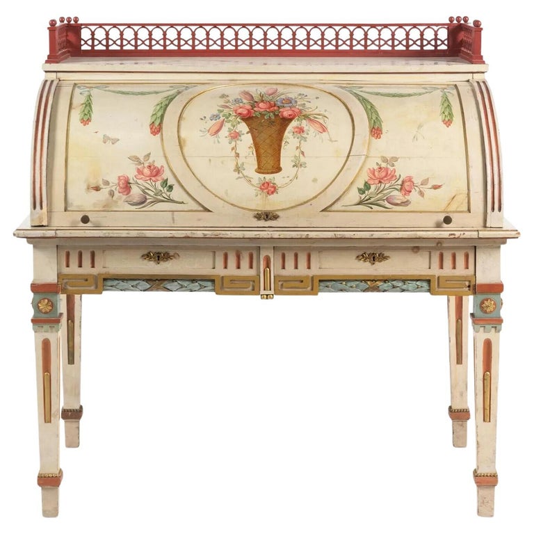 Bureau, Writing Desk, Continental, Polychrome-Painted, Cylinder, Circa ...