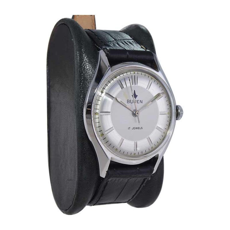 Buren Steel Art Deco Round Watch in New Old Stock Condition from 1960's ...