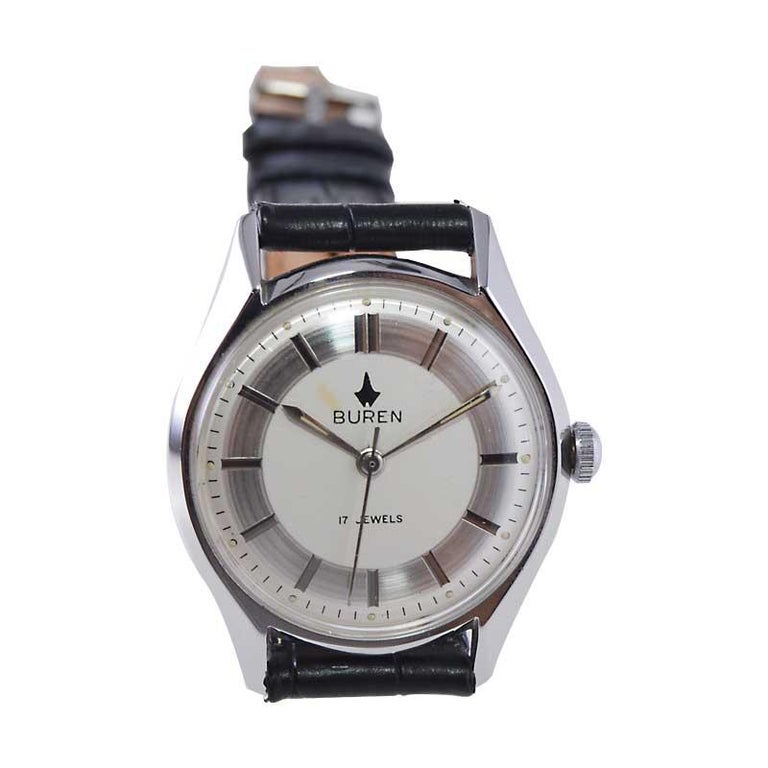 Buren Steel Art Deco Round Watch in New Old Stock Condition from 1960's ...