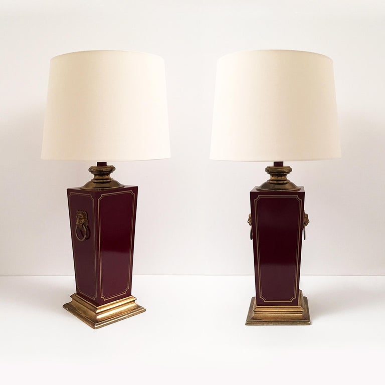 Burgundy Bakelite and Brass Lion Heads Table Lamps For Sale at 1stDibs