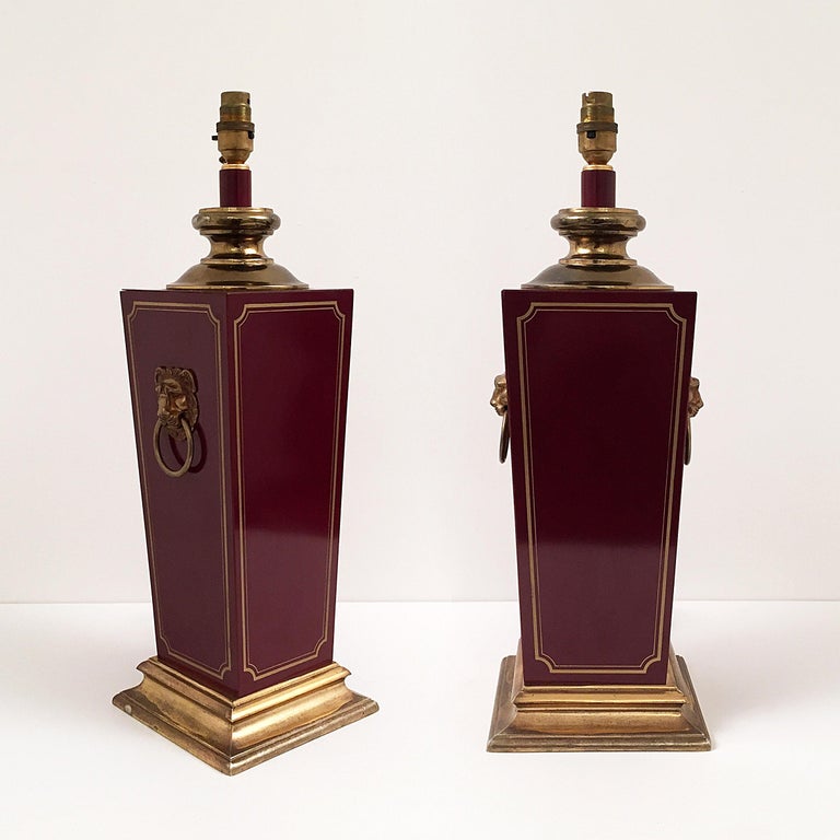 Burgundy Bakelite and Brass Lion Heads Table Lamps For Sale at 1stDibs