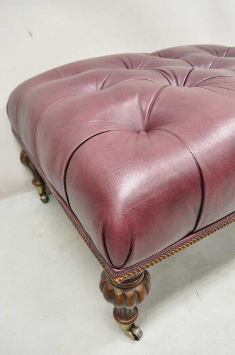 Burgundy Button Tufted Leather English Chesterfield Style Ottoman ...