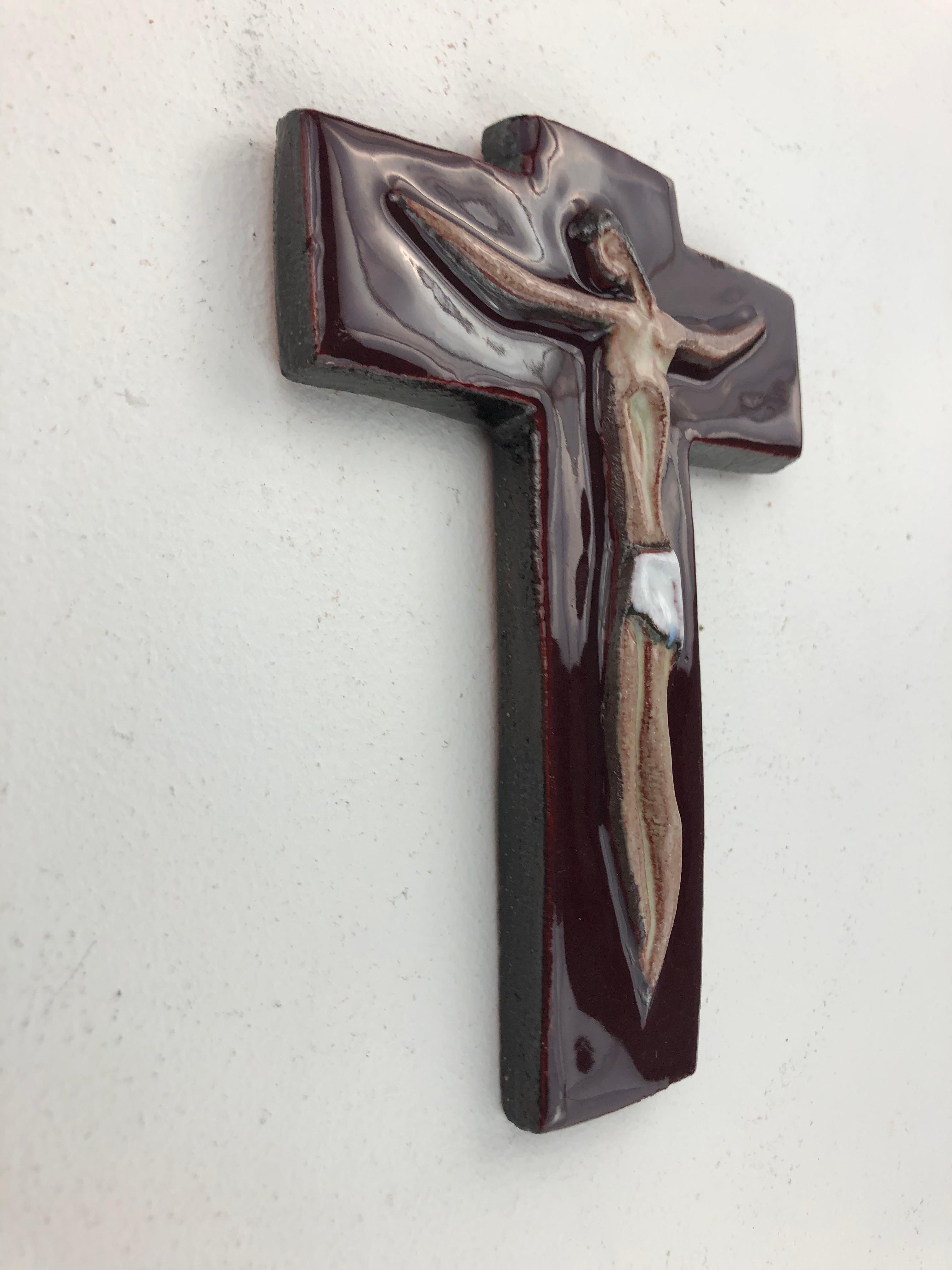 Burgundy Glossy Ceramic Cross Religious Wall Art For Sale at 1stDibs