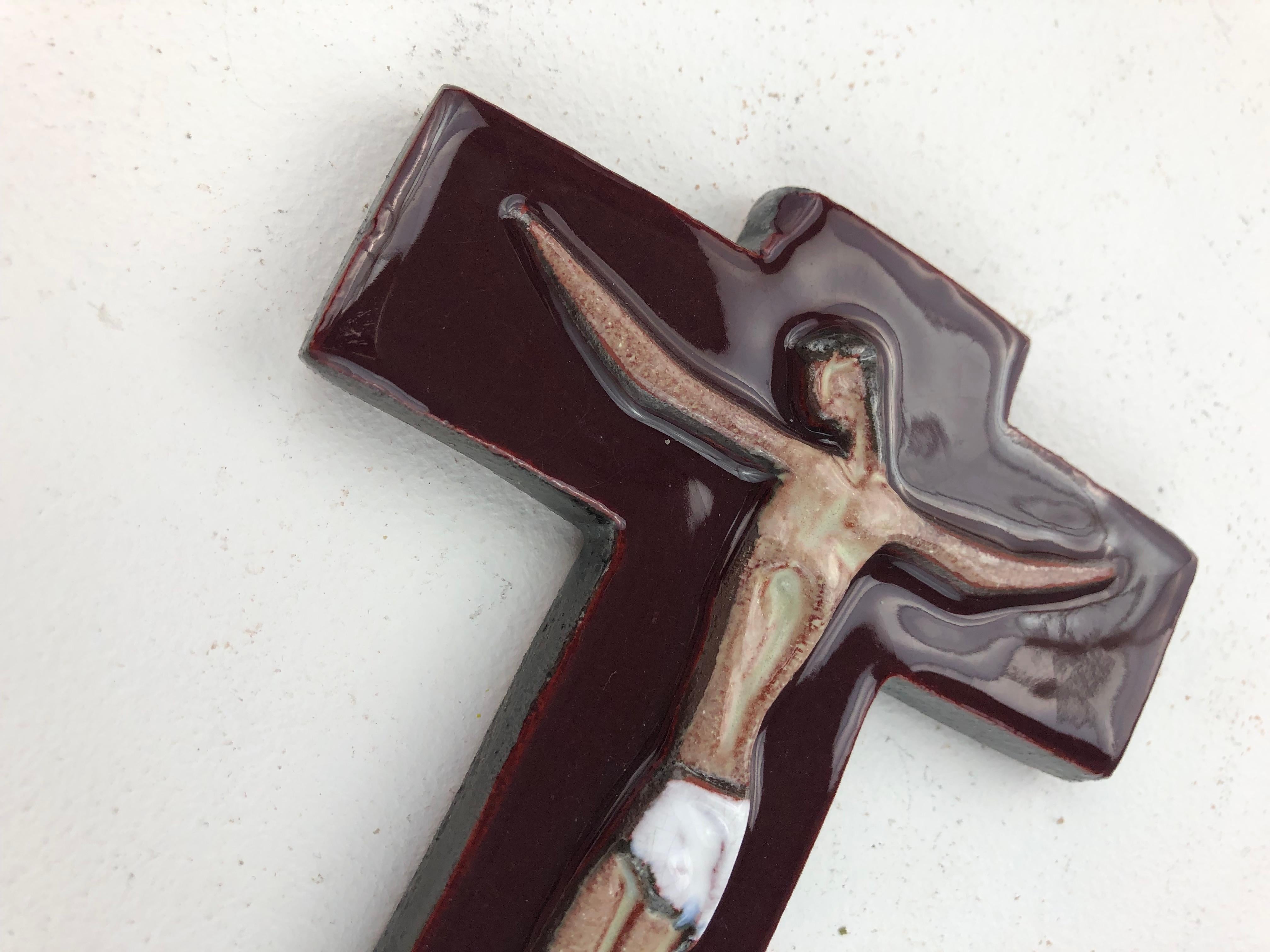 Burgundy Glossy Ceramic Cross Religious Wall Art For Sale at 1stDibs