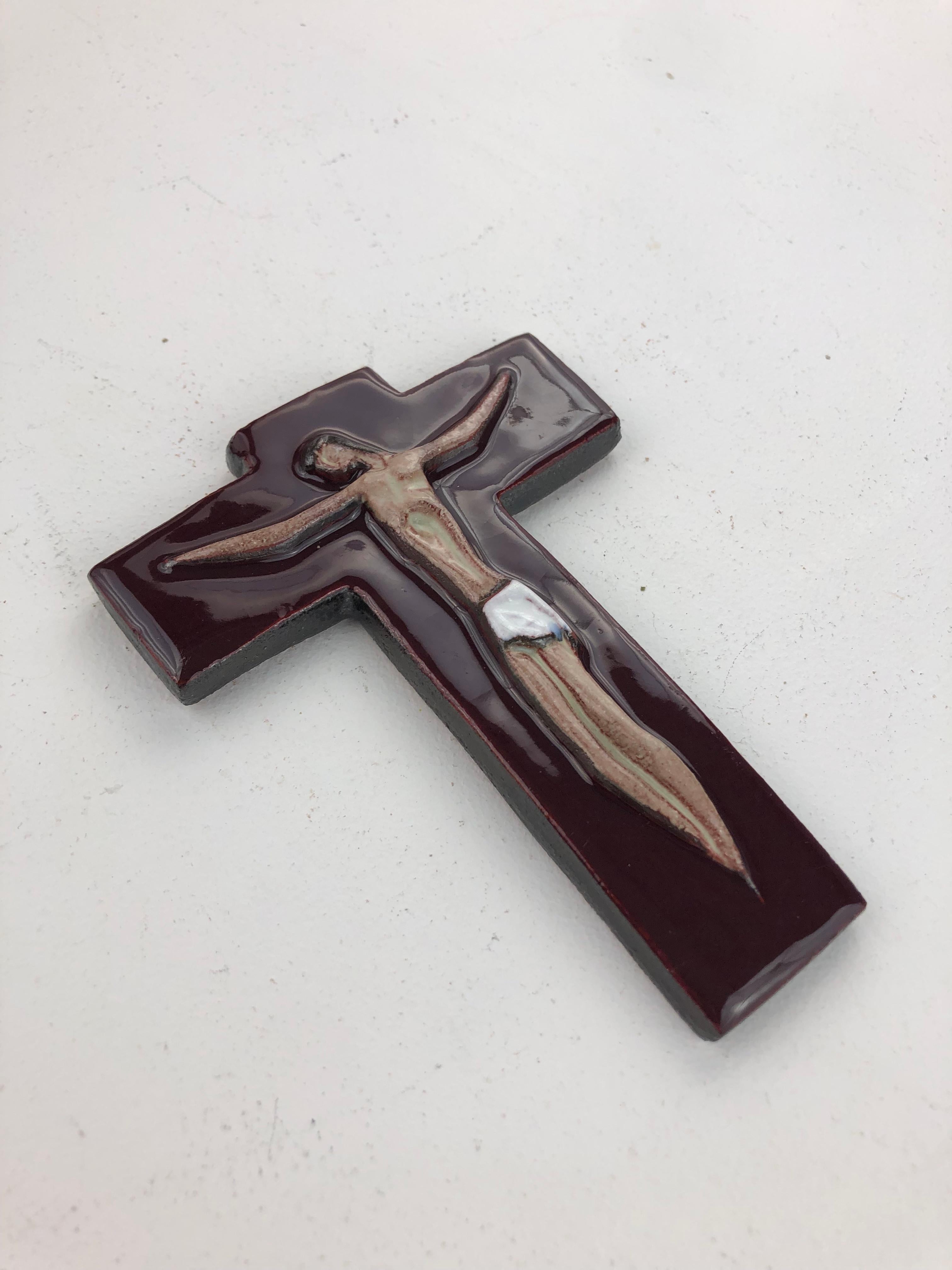 Burgundy Glossy Ceramic Cross Religious Wall Art For Sale at 1stDibs