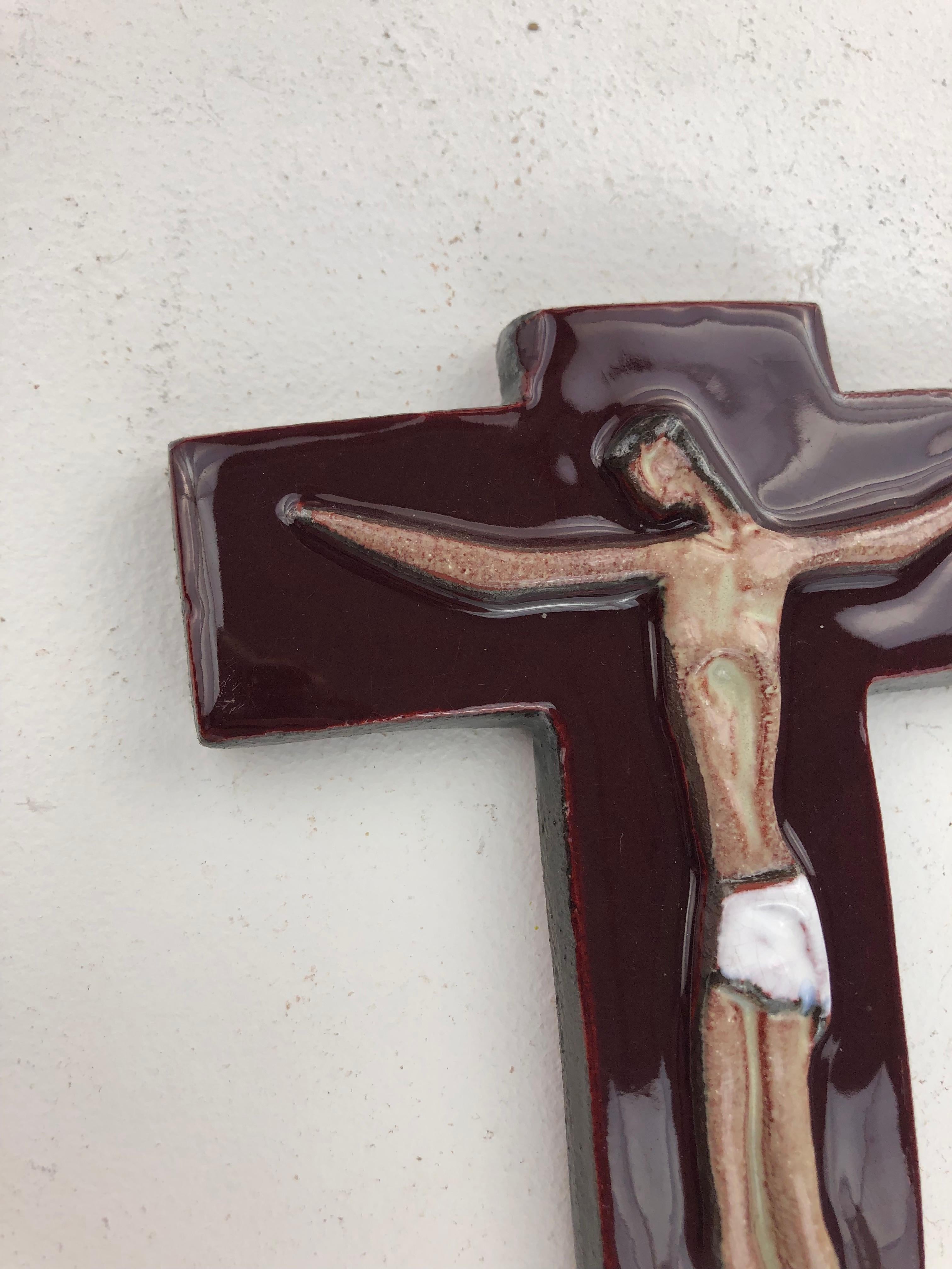 Burgundy Glossy Ceramic Cross Religious Wall Art For Sale at 1stDibs