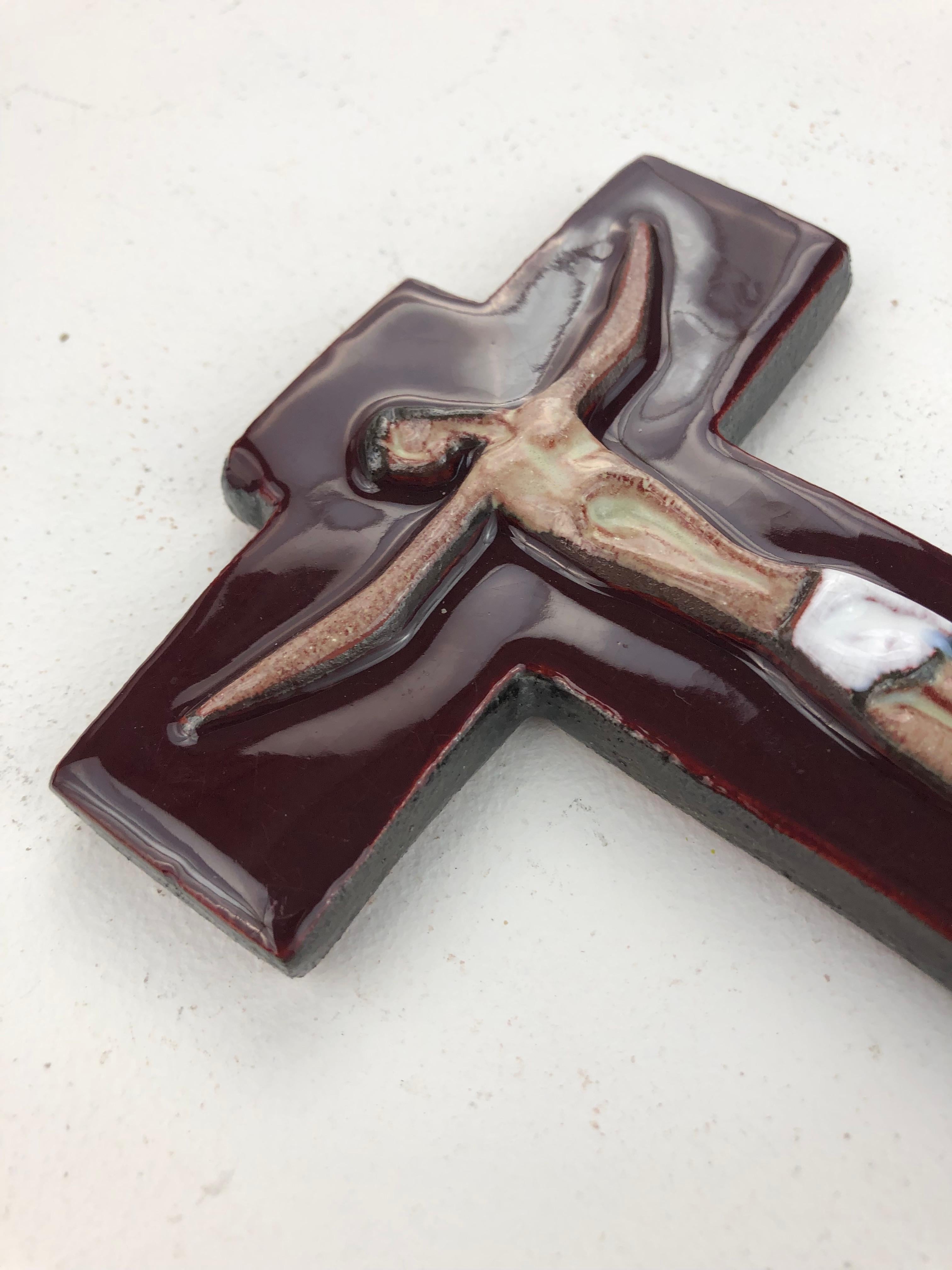 Burgundy Glossy Ceramic Cross Religious Wall Art For Sale at 1stDibs