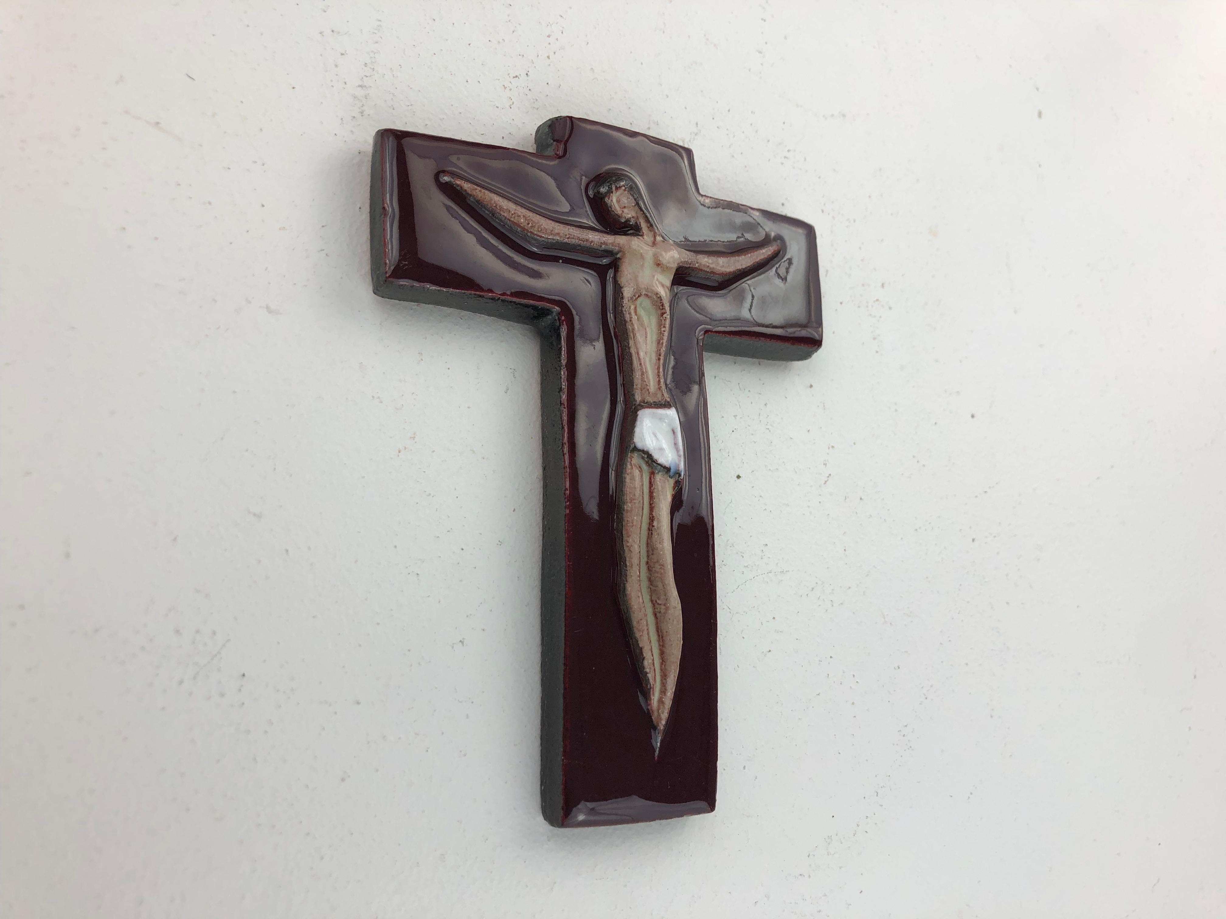 Burgundy Glossy Ceramic Cross Religious Wall Art For Sale at 1stDibs