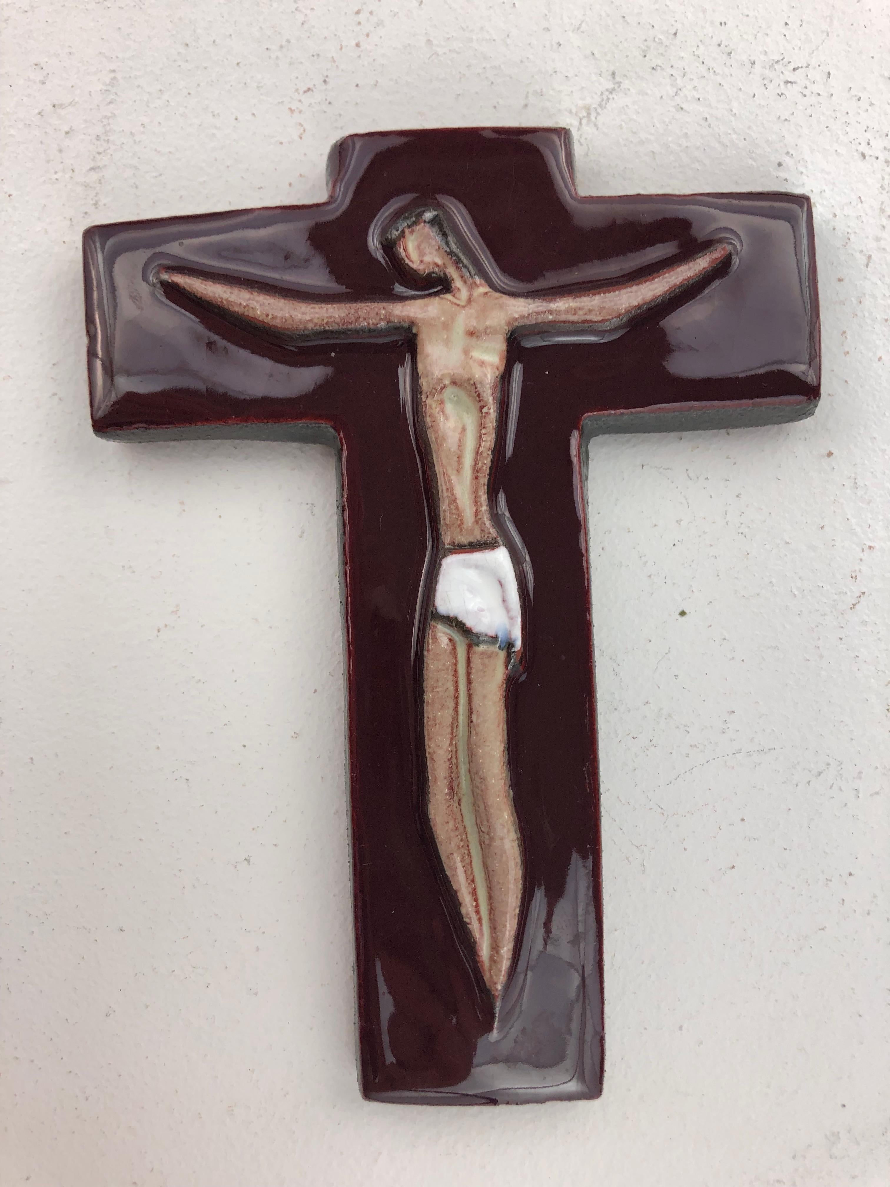Burgundy Glossy Ceramic Cross Religious Wall Art For Sale at 1stDibs