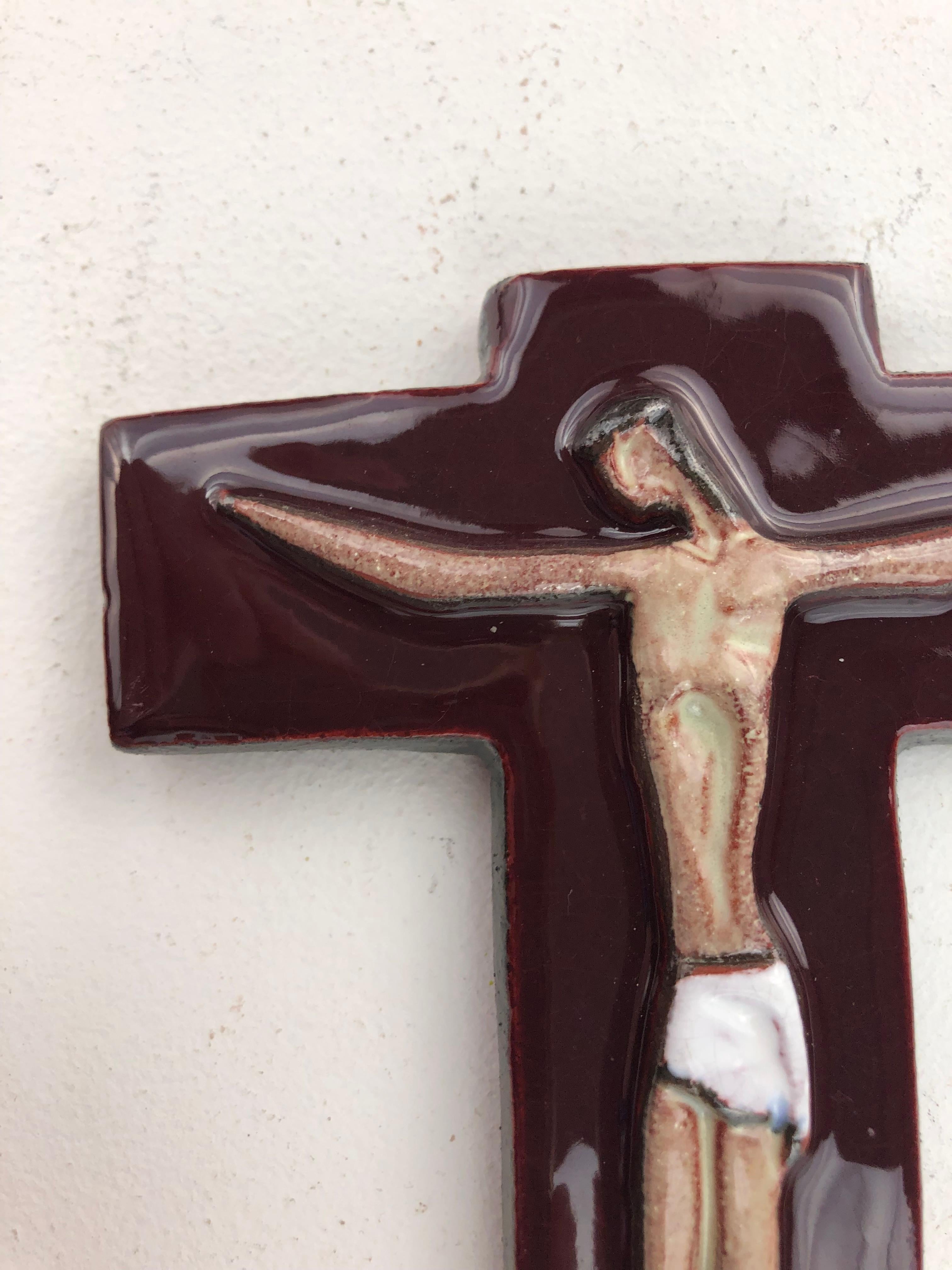 Burgundy Glossy Ceramic Cross Religious Wall Art For Sale at 1stDibs