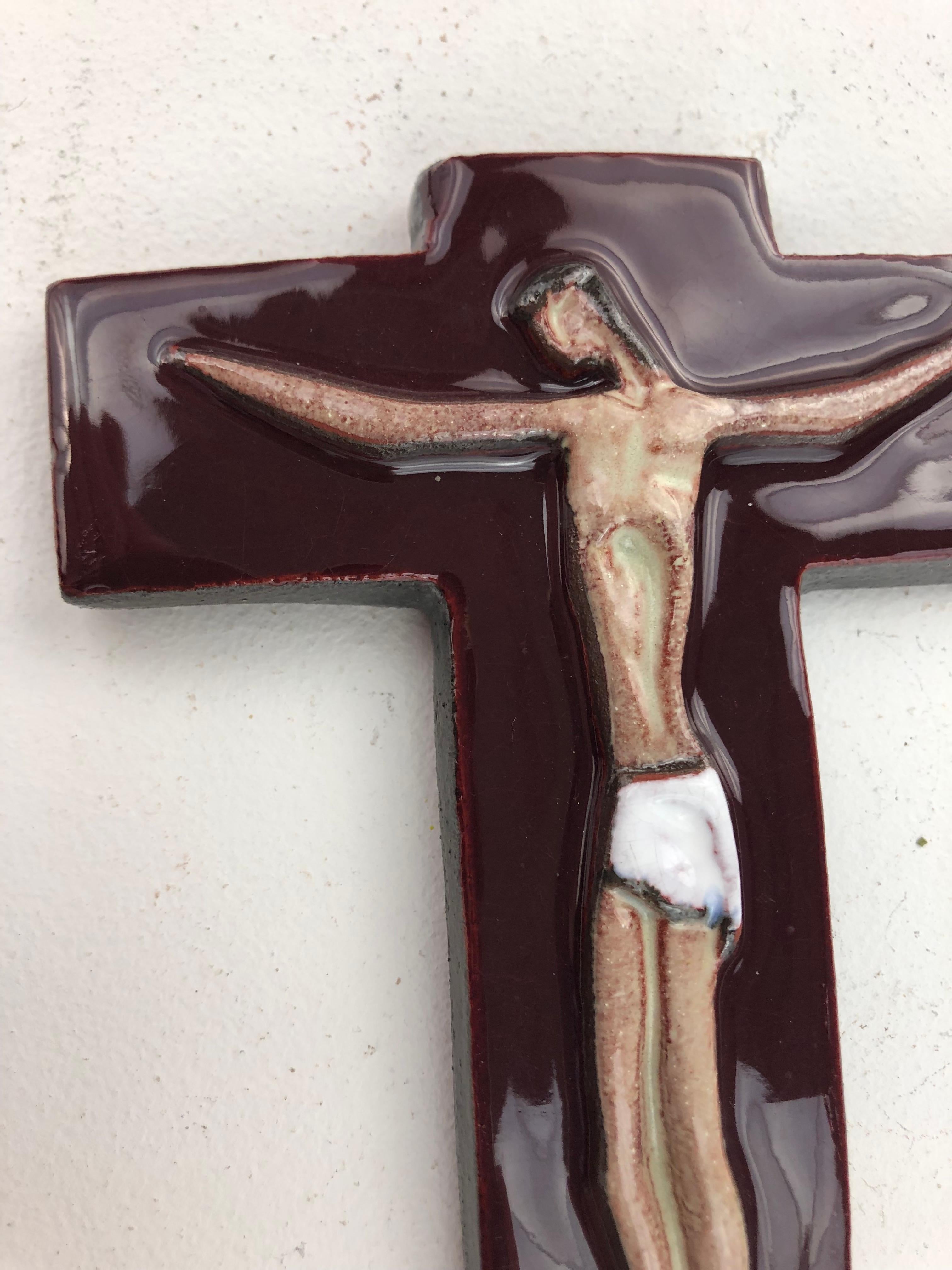 Burgundy Glossy Ceramic Cross Religious Wall Art For Sale at 1stDibs