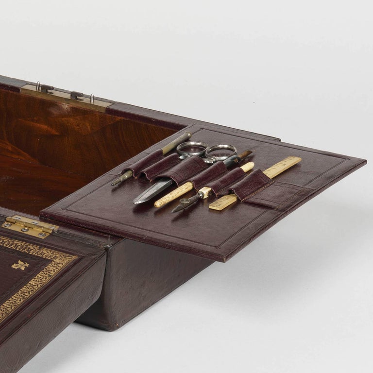 Burgundy Leather Bound Writing and Stationery Box with Fitted Brass ...